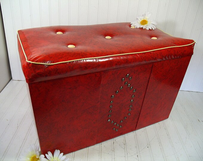 Retro Red & Ivory Vinyl Storage Hassock Coffee Table - Vintage Padded ...