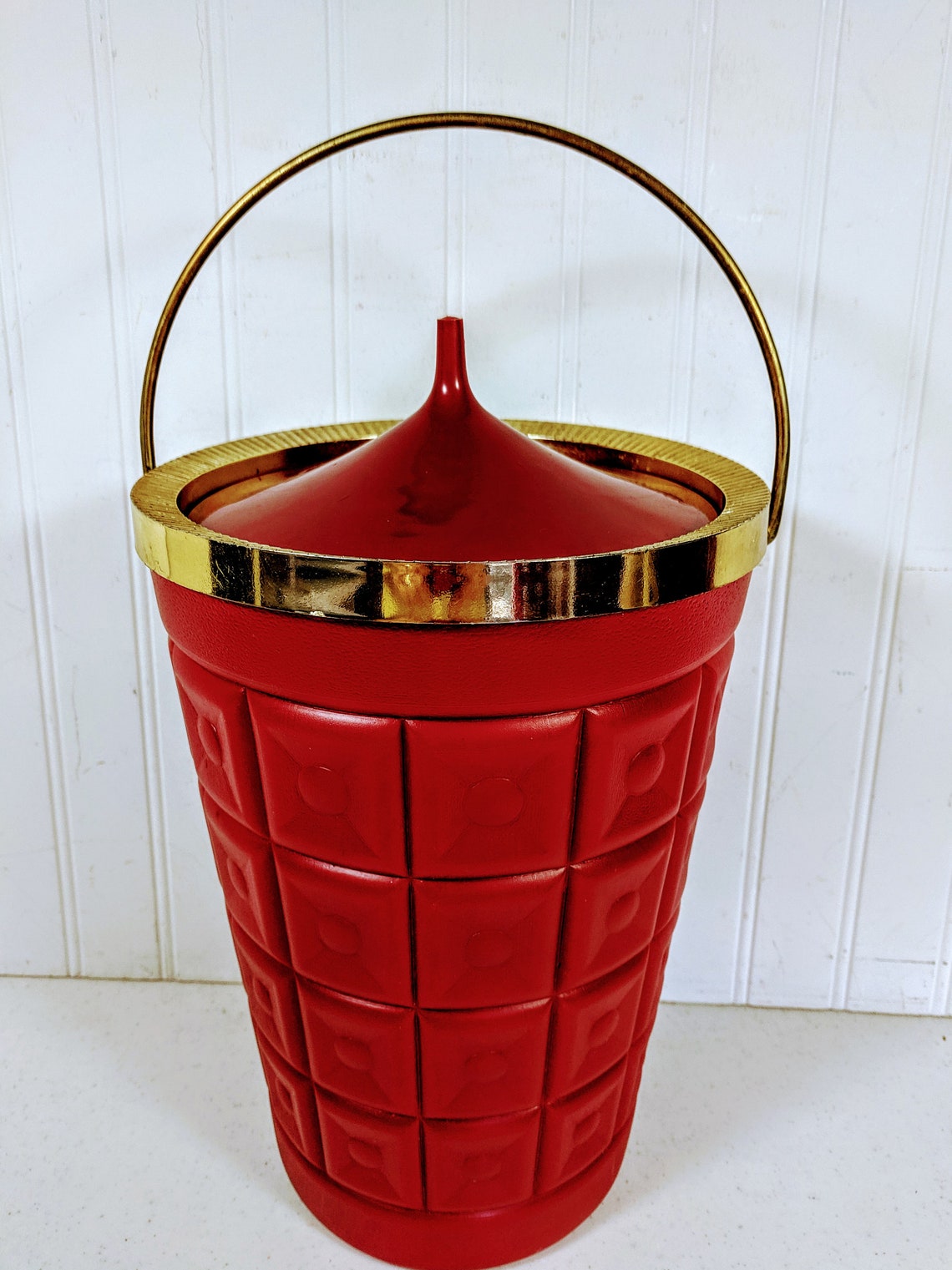 Ice Bucket Tall Retro Atomic Red Gold Trim Vintage Lustraware - Etsy