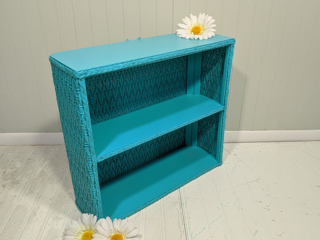Turquoise Wicker Shelf Wall Hanging Vintage Wood and Wicker Shelving ...