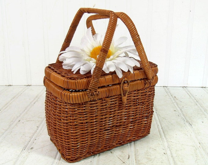 Petite Wicker Two Handled Basket Vintage Hand Woven Rectangular Lidded ...