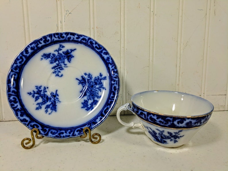 Flow Blue Cup and Saucer Set Touraine Pattern Henry Alcock & | Etsy