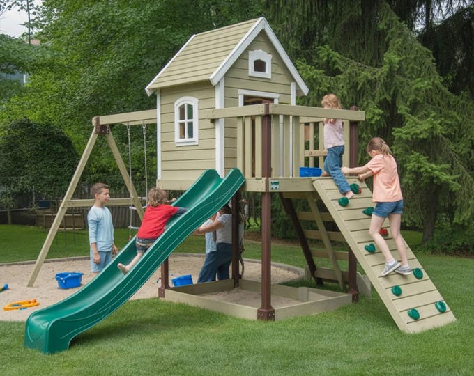 Deluxe Wooden Outdoor Playhouse With Slide, Swings & Climbing Wall ...