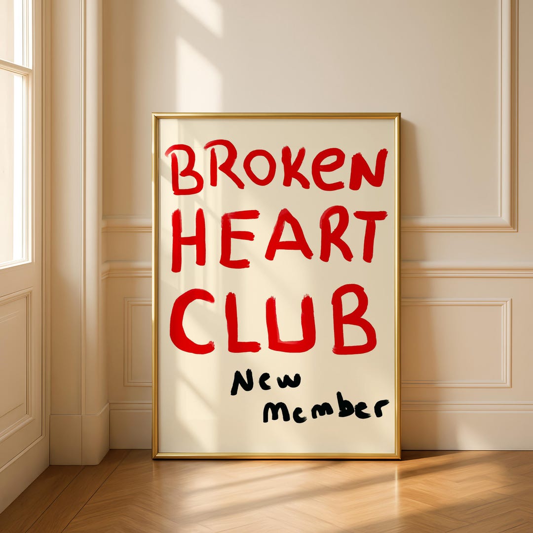 Broken Heart Club Wall Art, Bold Red Typography Poster (digital ...