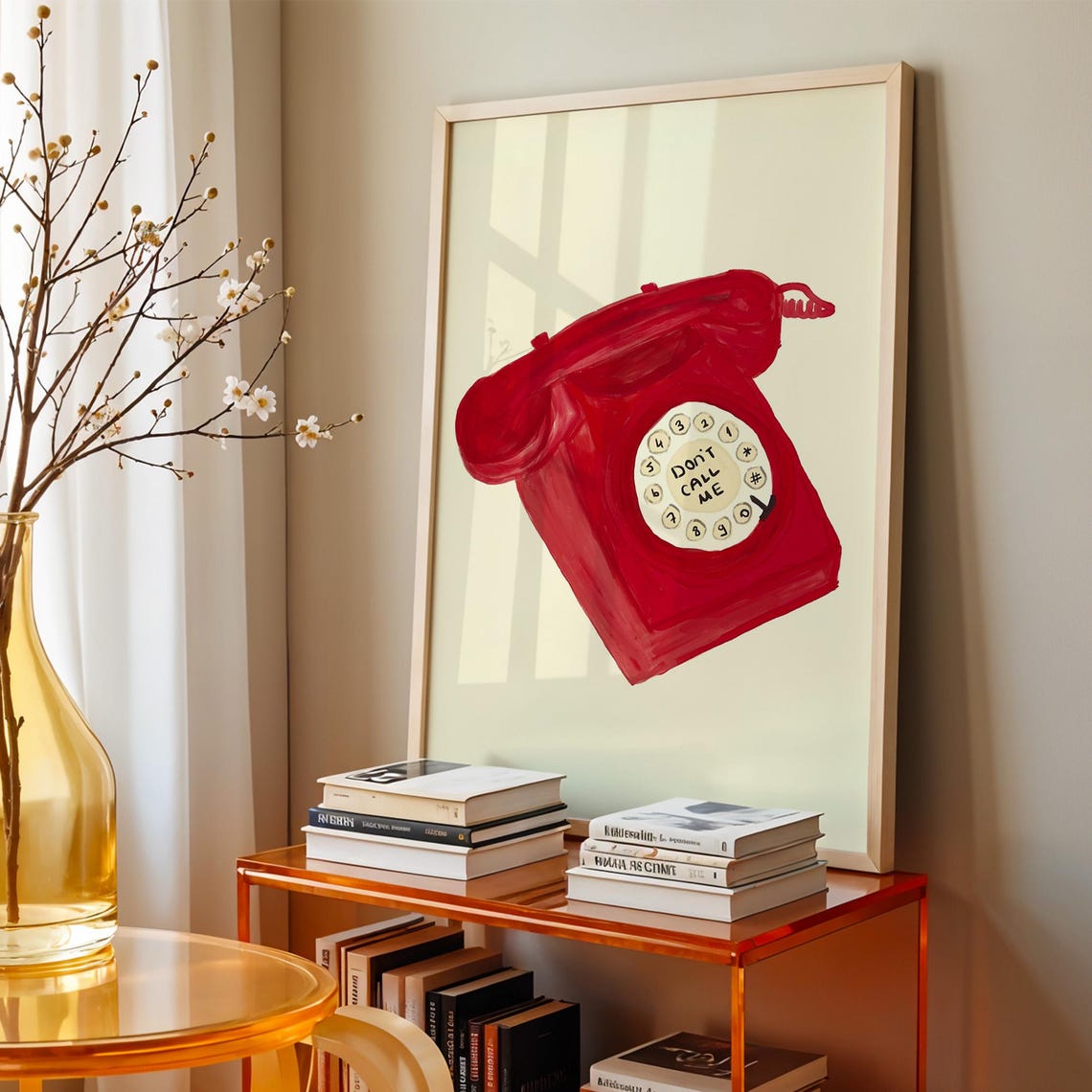 Retro Phone Art Print: Funny Red Rotary Phone Illustration (digital ...