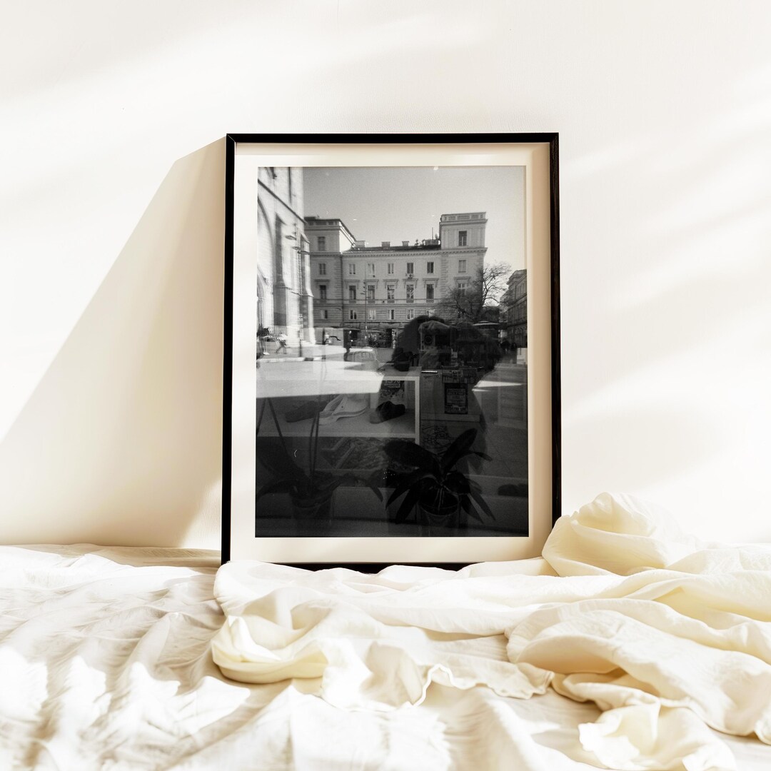 Analog Photo: Black and White Window Reflection With City Facade and ...