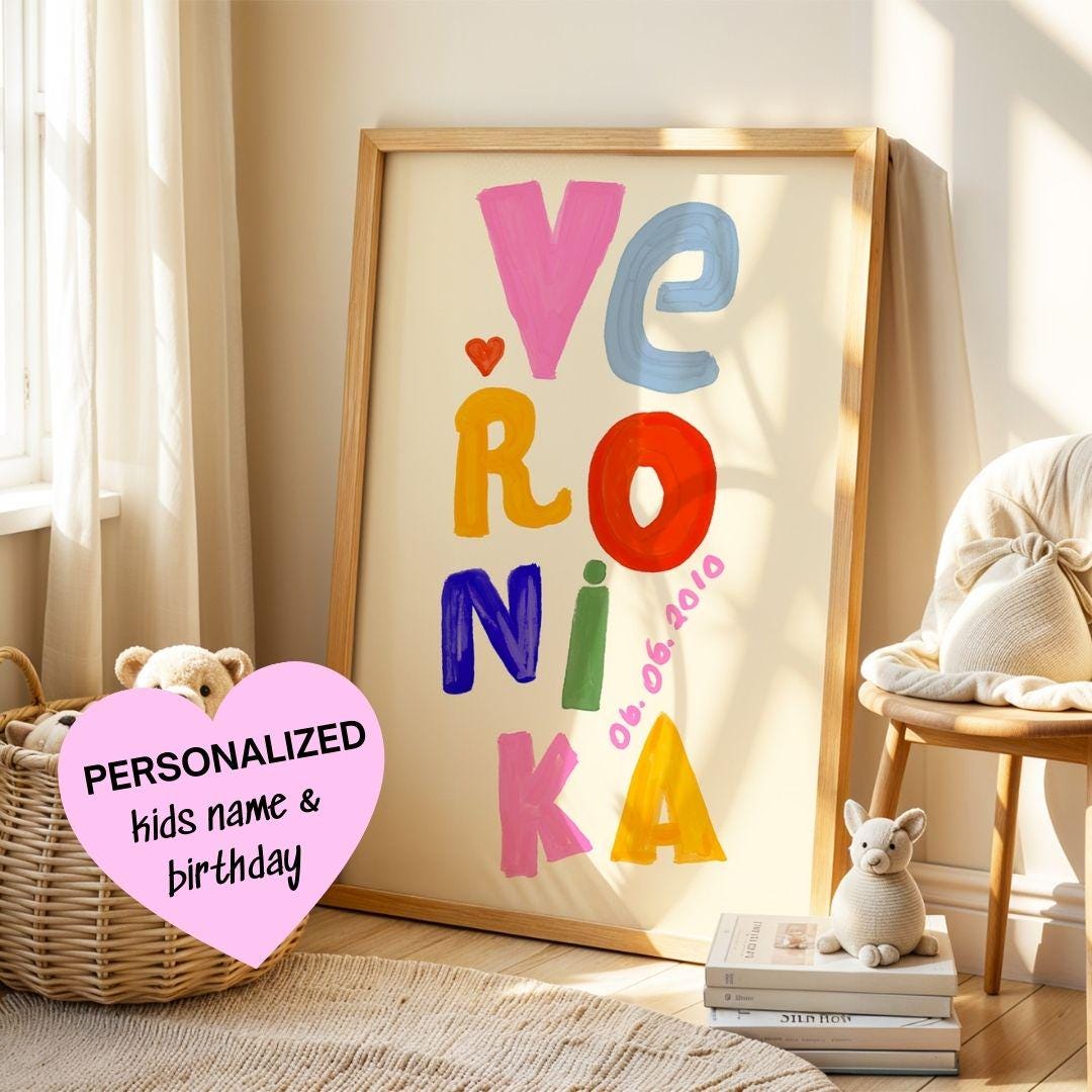 Personalized Kids Name Print, Rainbow Custom Birth Date, Nursery Decor ...