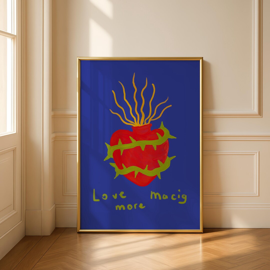 Sacred Heart Modern Art Print – Red Heart With Thorns and Flames ...