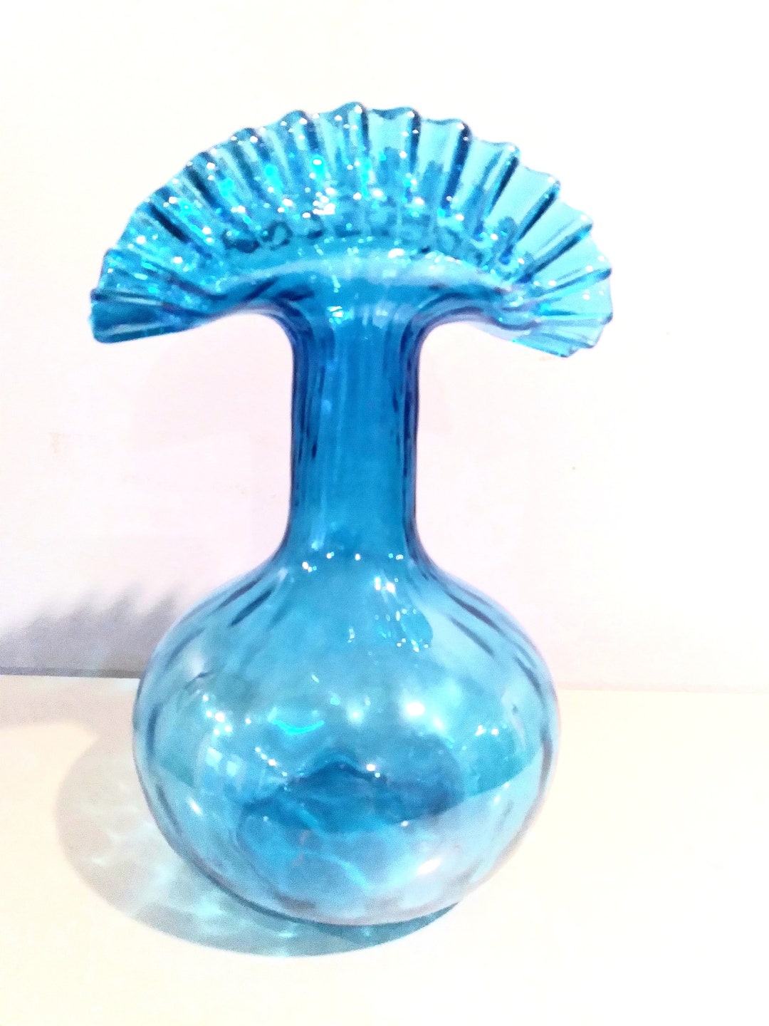 Vintage Blue Glass Ruffled Vase - Etsy