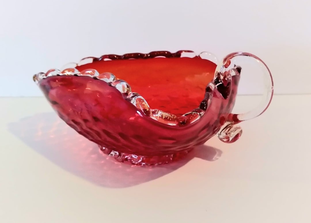 Vintage Red Glass Decorative Dish With Clear Handle - Etsy