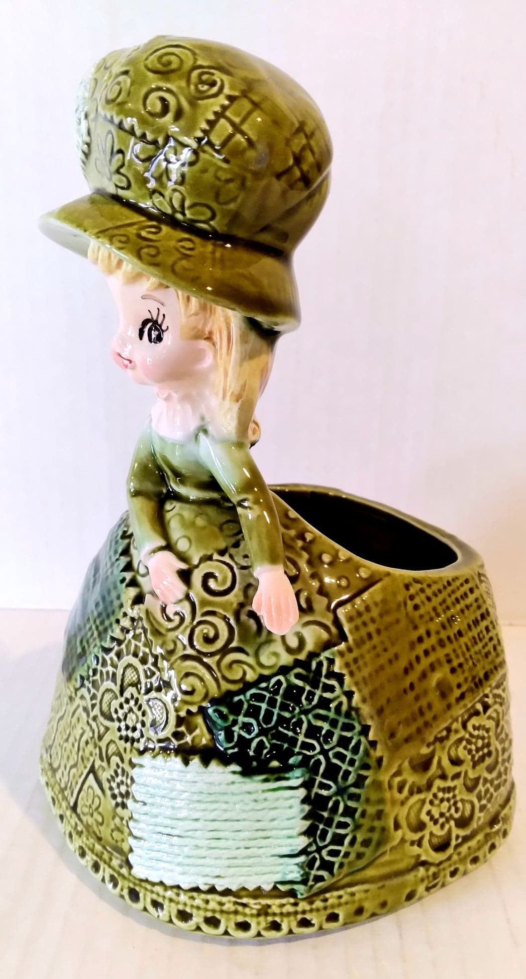 Vintage Relpo Ceramic Planter Girl in Green Daisy Calico - Etsy