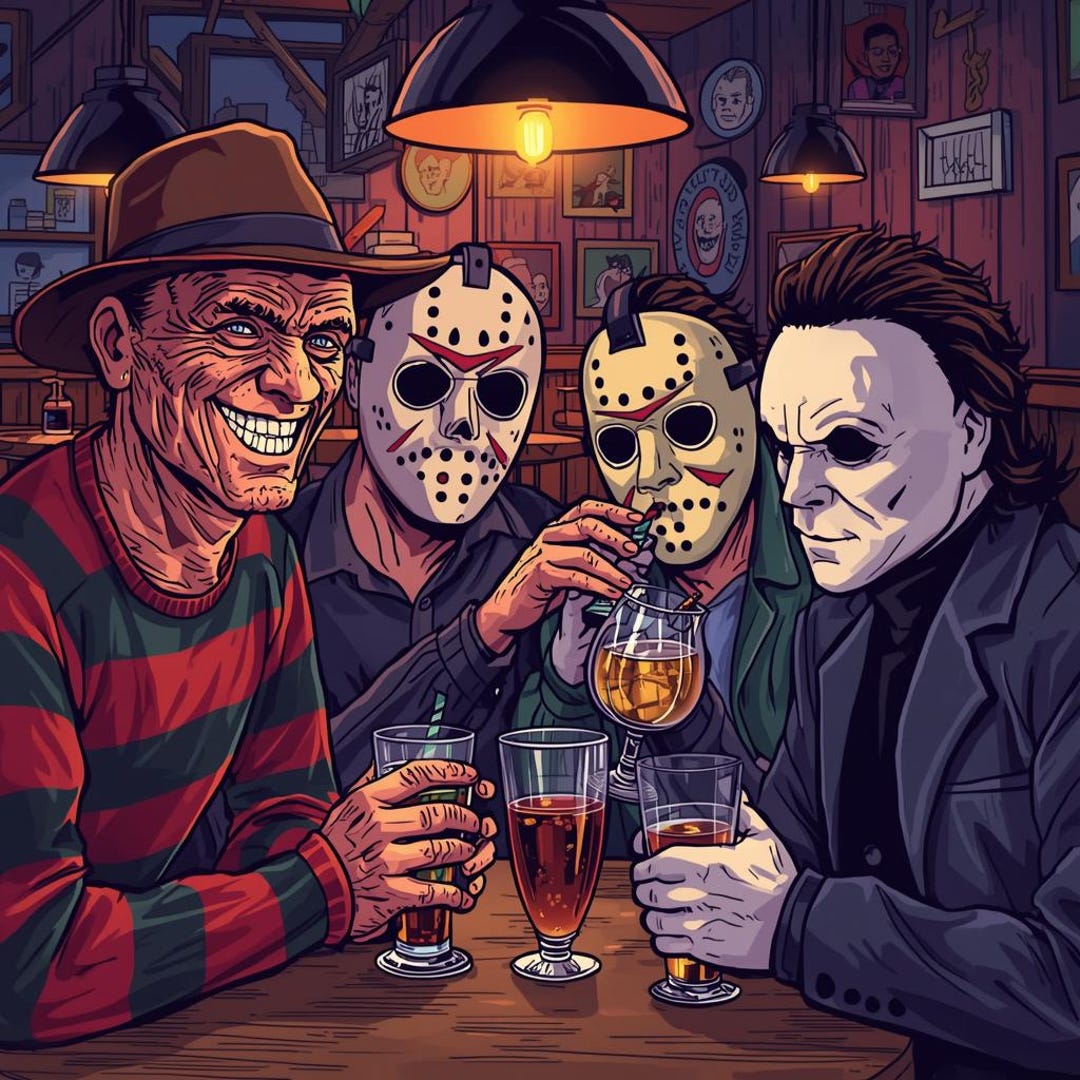 Jason and Pinhead and Freddy and Micheal Myers Having a Drink - Etsy