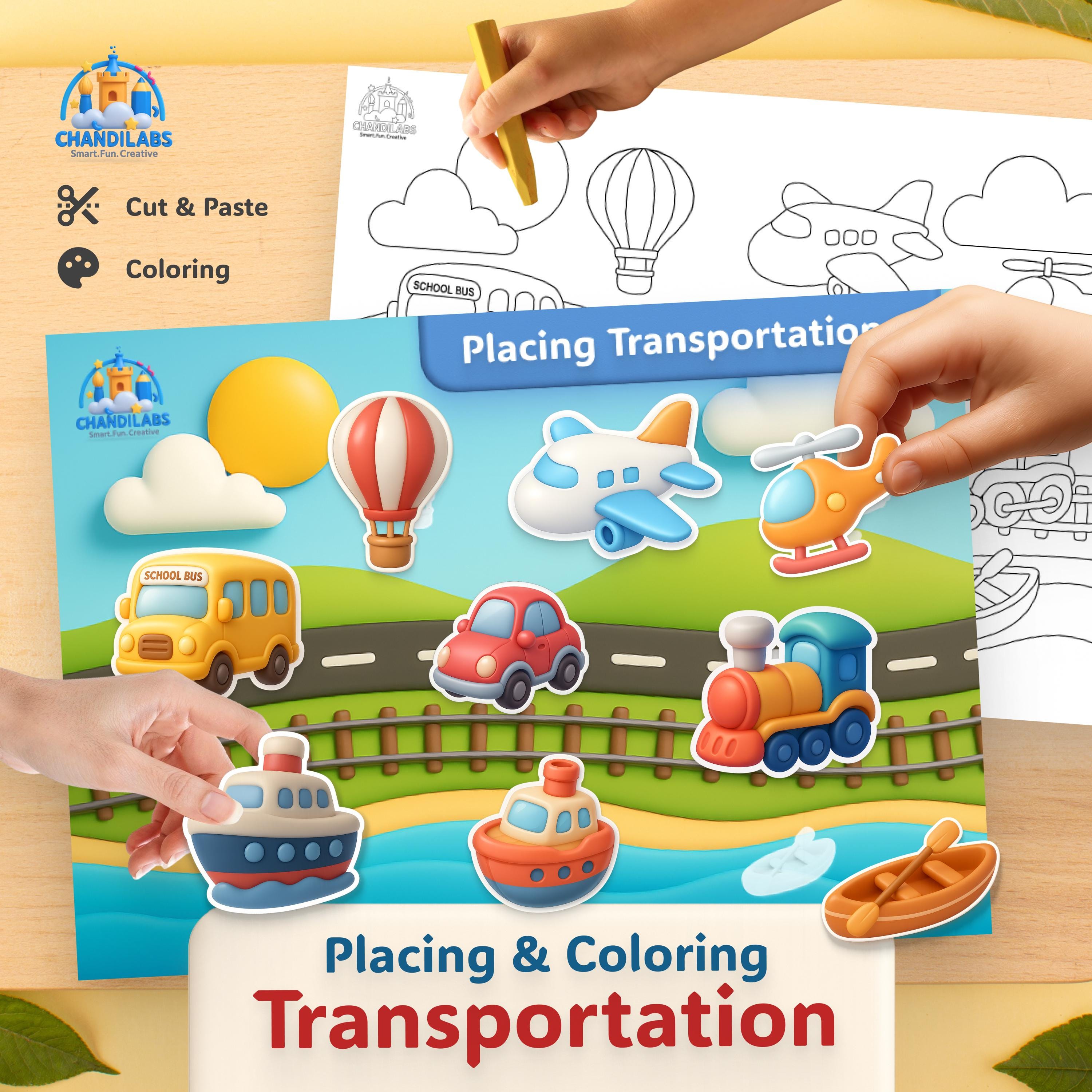 Transportation Worksheet: Cut, Paste & Color - Montessori Kids Activity ...