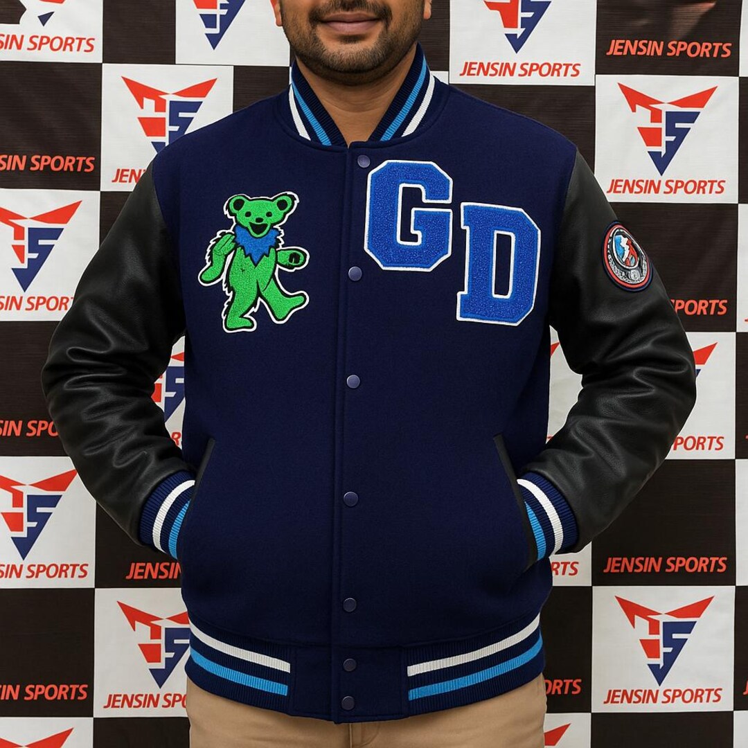 Grateful Dead Varsity Jacket Men’s Navy Blue Wool & Leather Sleeve ...