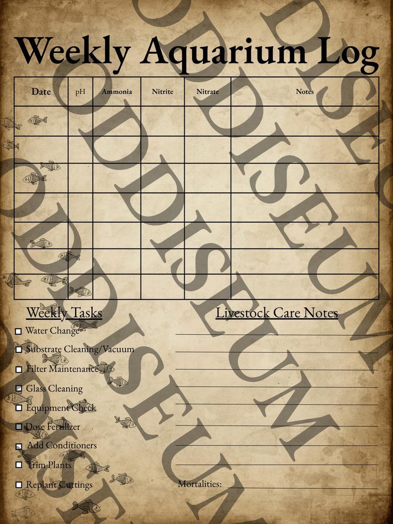 Weekly Aquarium Log Printable: Fish Tank Care Checklist (digital ...