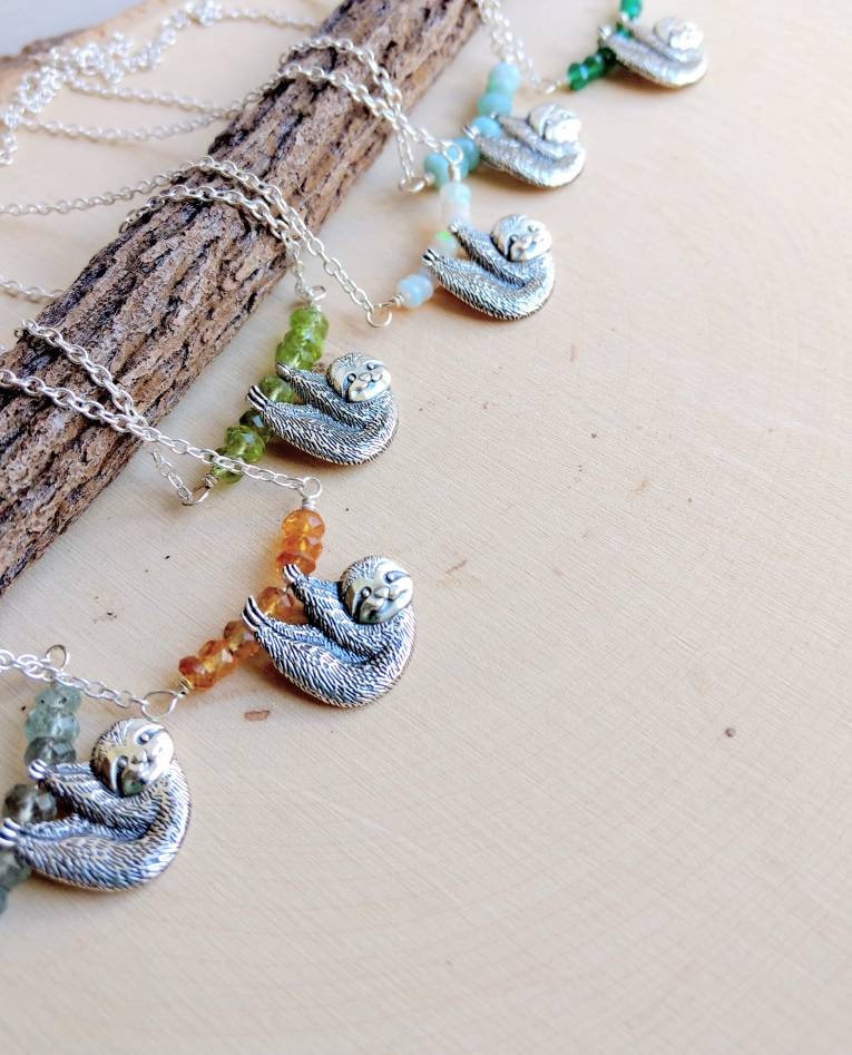 Sterling Silver Sloth Necklace With Birthstone Choice | Etsy