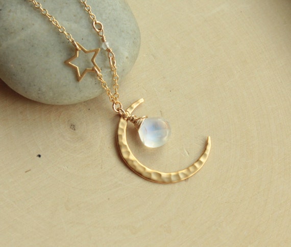 Gold Crescent Moon And Star Birthstone Necklace You Choose Etsy