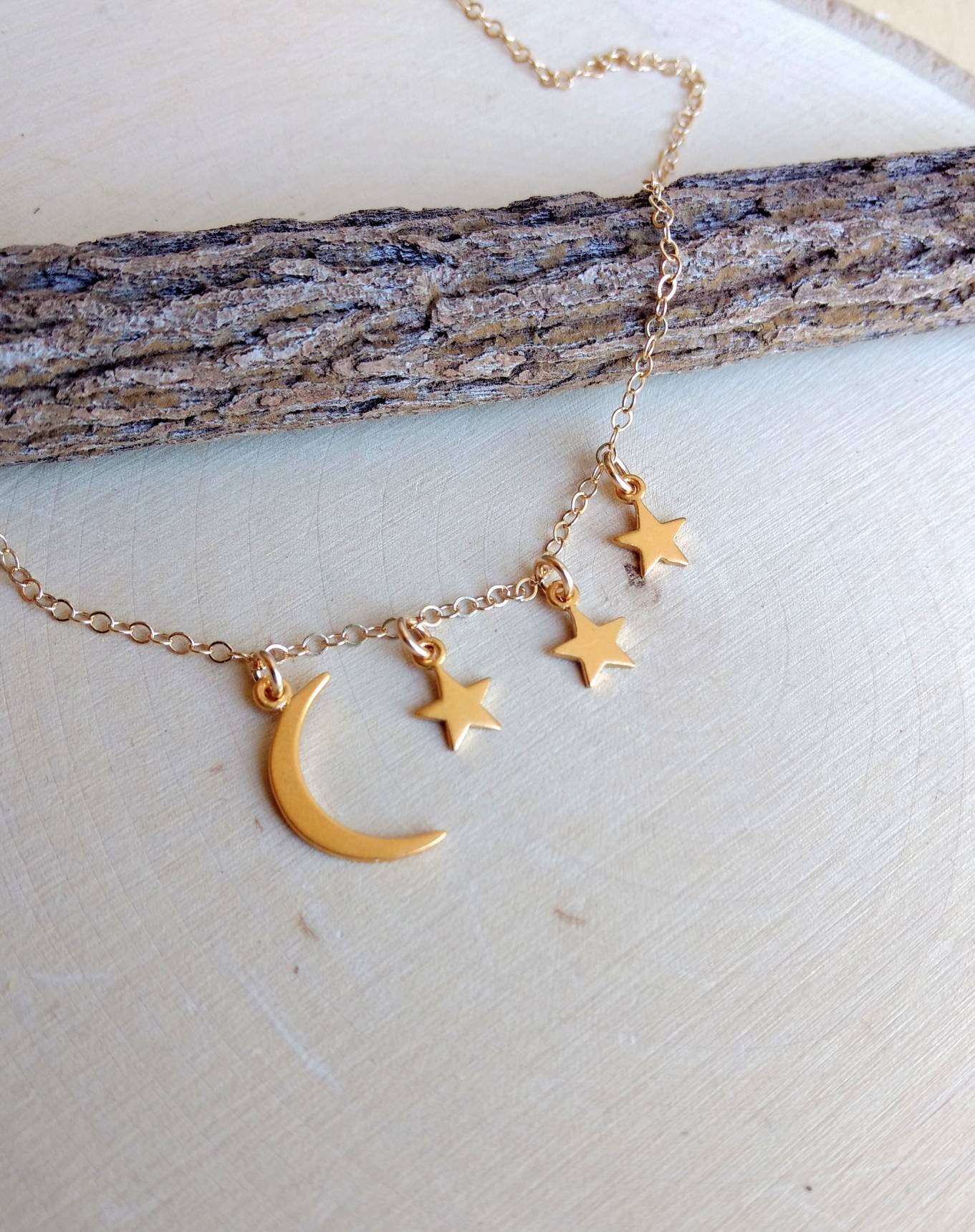 Gold Moon and Three Stars Necklace Vermeil and 14k Gold | Etsy