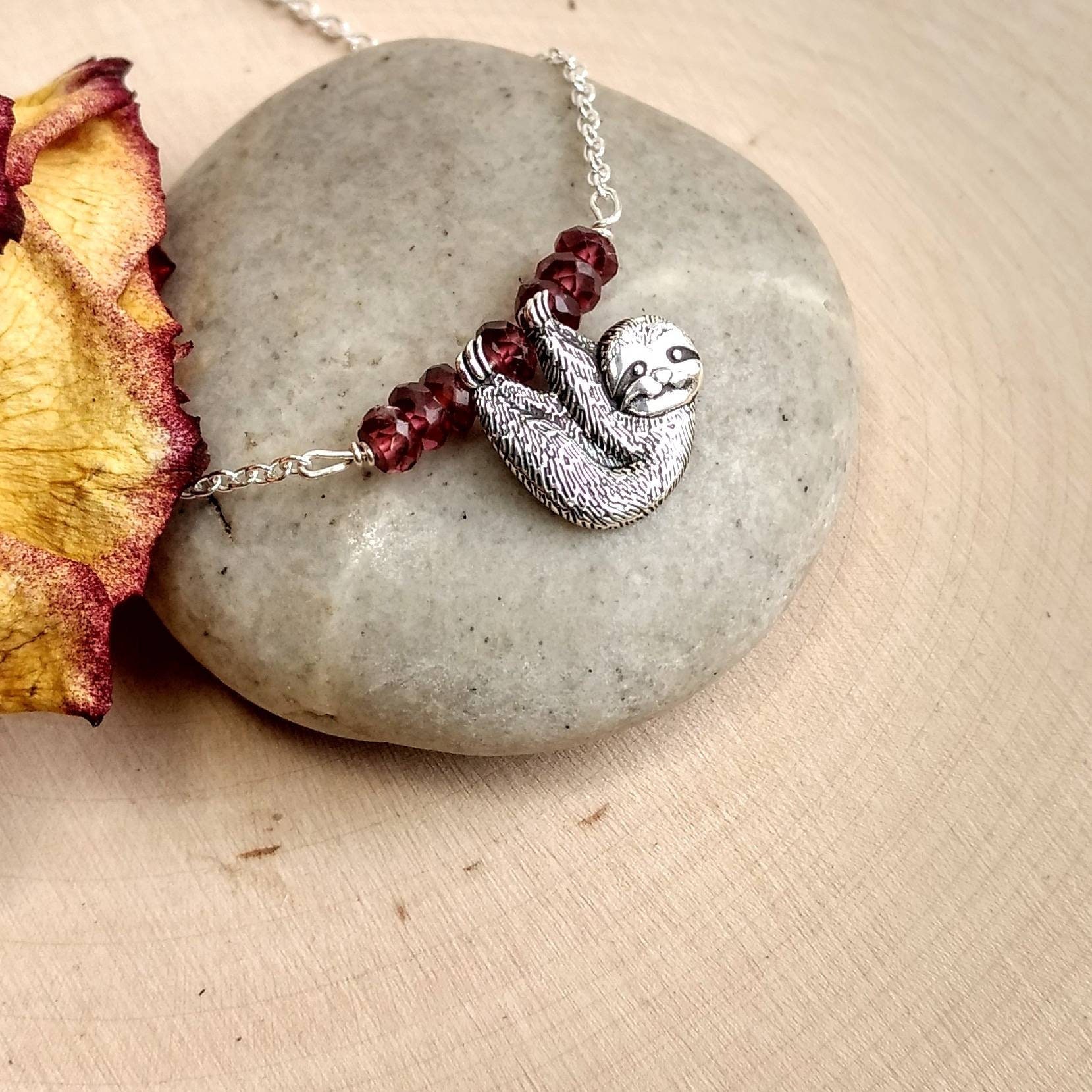 Sterling Silver Sloth Necklace With Birthstone Choice | Etsy