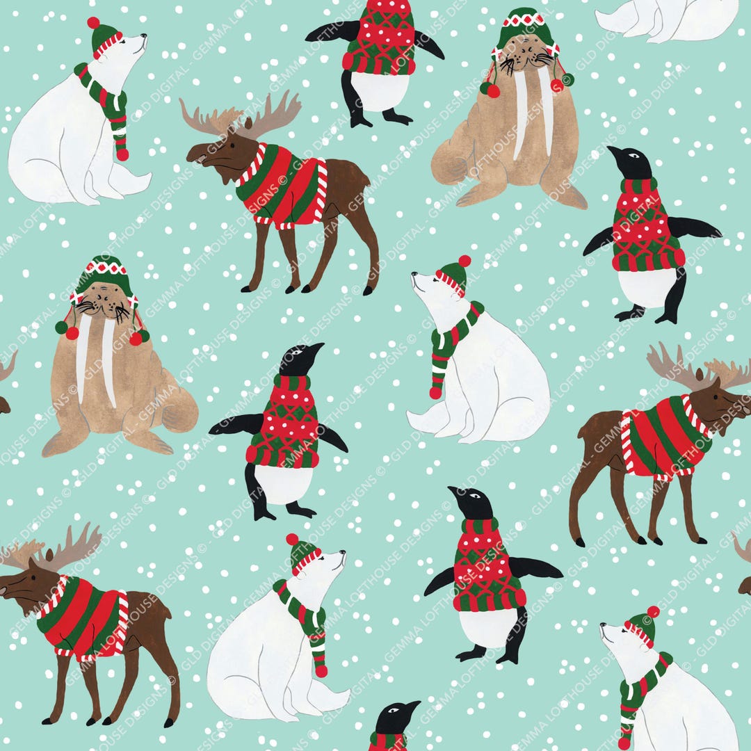 Arctic Animals in Christmas Jumpers Seamless Pattern Design: Festive ...
