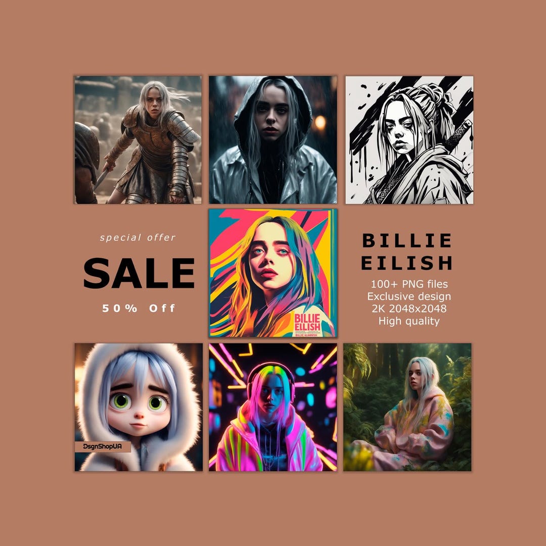 Billie Eilish Portrait PNG Bundle Vol.1: 130+ Fan Art Designs (digital ...