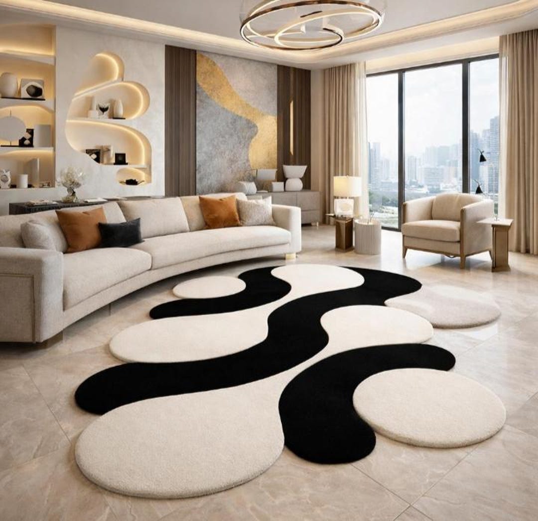 Hand Tufted Abstract Area Rug | Black & Ivory Organic Shape - Etsy