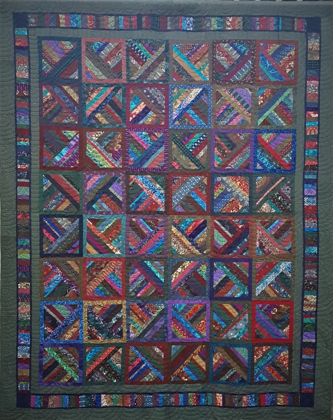 Full Size Scrappy Strip Pieced Quilt in Jewel Tones a Deep Green Border ...