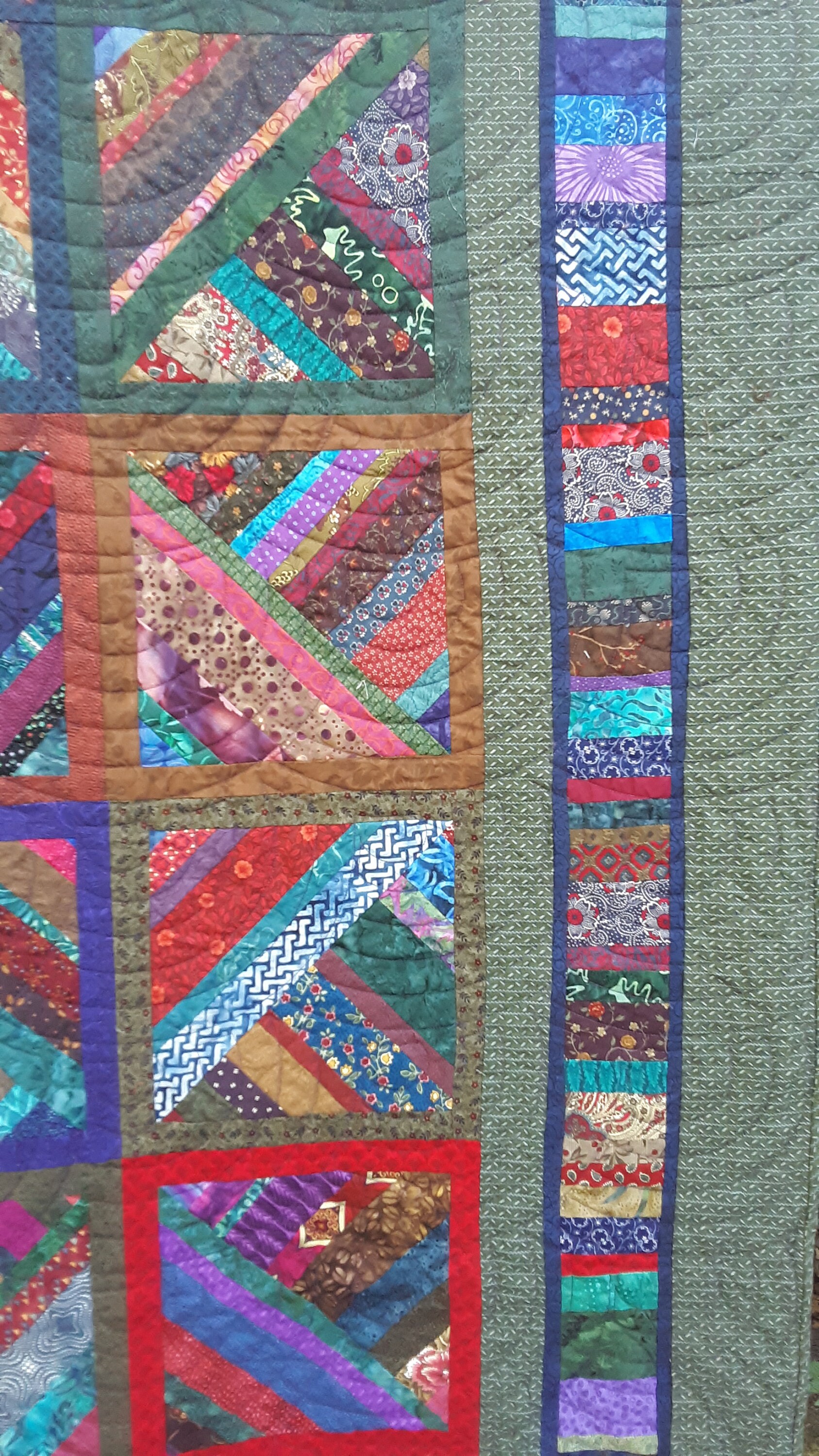 Full Size Scrappy Strip Pieced Quilt in Jewel Tones a Deep Green Border ...