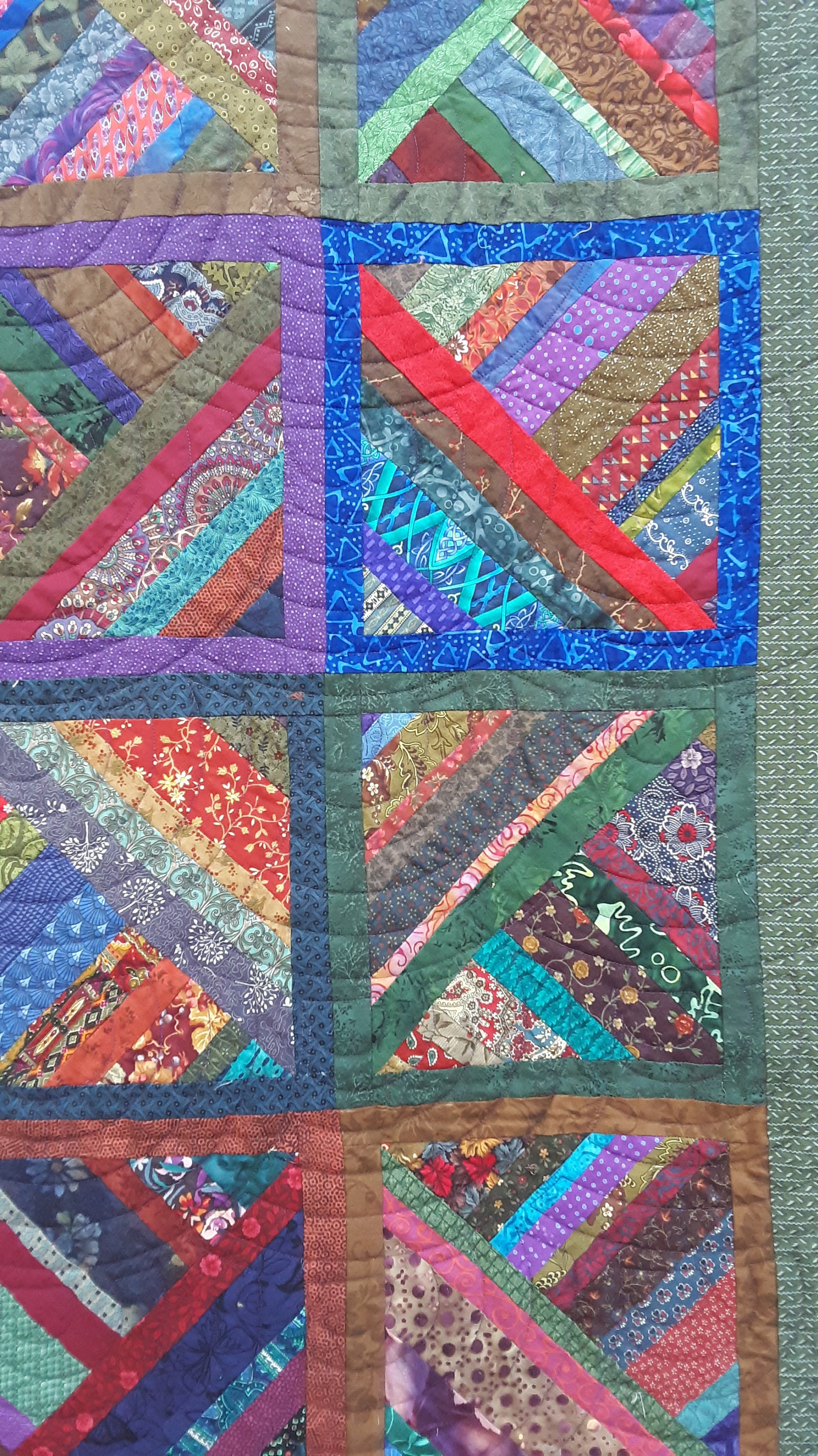 Full Size Scrappy Strip Pieced Quilt in Jewel Tones a Deep Green Border ...