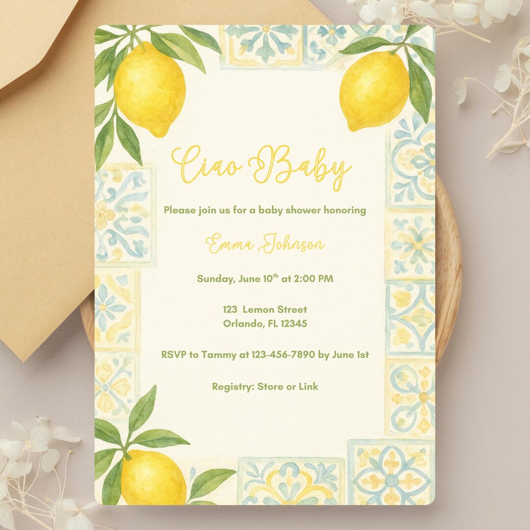 Ciao Baby Shower Invitation, Baby Shower Invite, Lemon Italian Themed ...