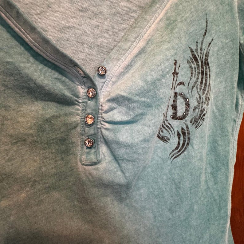 Y2K Harley Davidson Teal Rhinestone Logo Gem Button V Neck Baby T ...