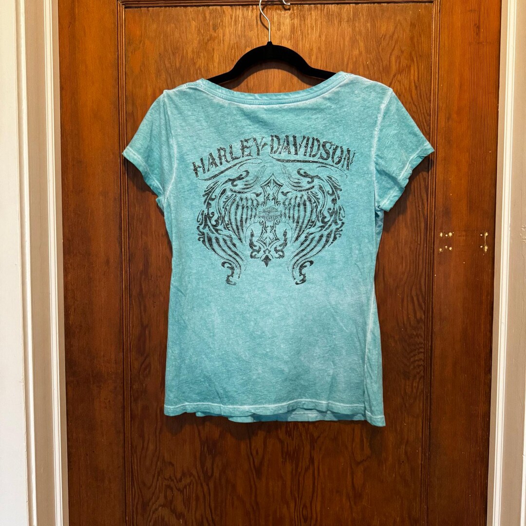 Y2K Harley Davidson Teal Rhinestone Logo Gem Button V Neck Baby T ...