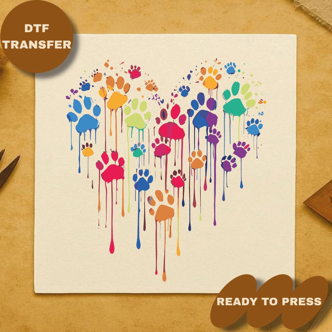 Colorful Paws Heart DTF Transfer Print: Dog & Cat Design, Ready to ...