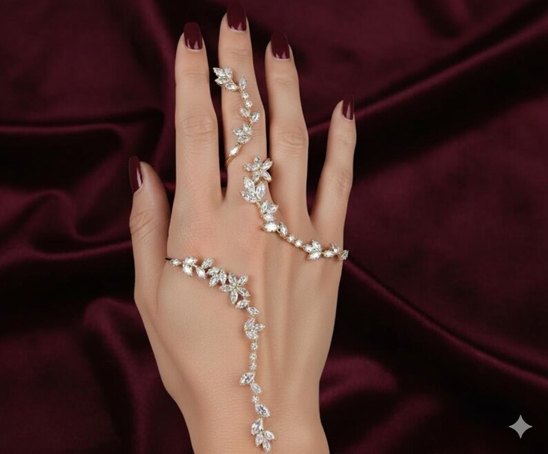 Rhinestone Leaf Hand Chain Bracelet | Bridal Finger Ring Jewelry - Etsy