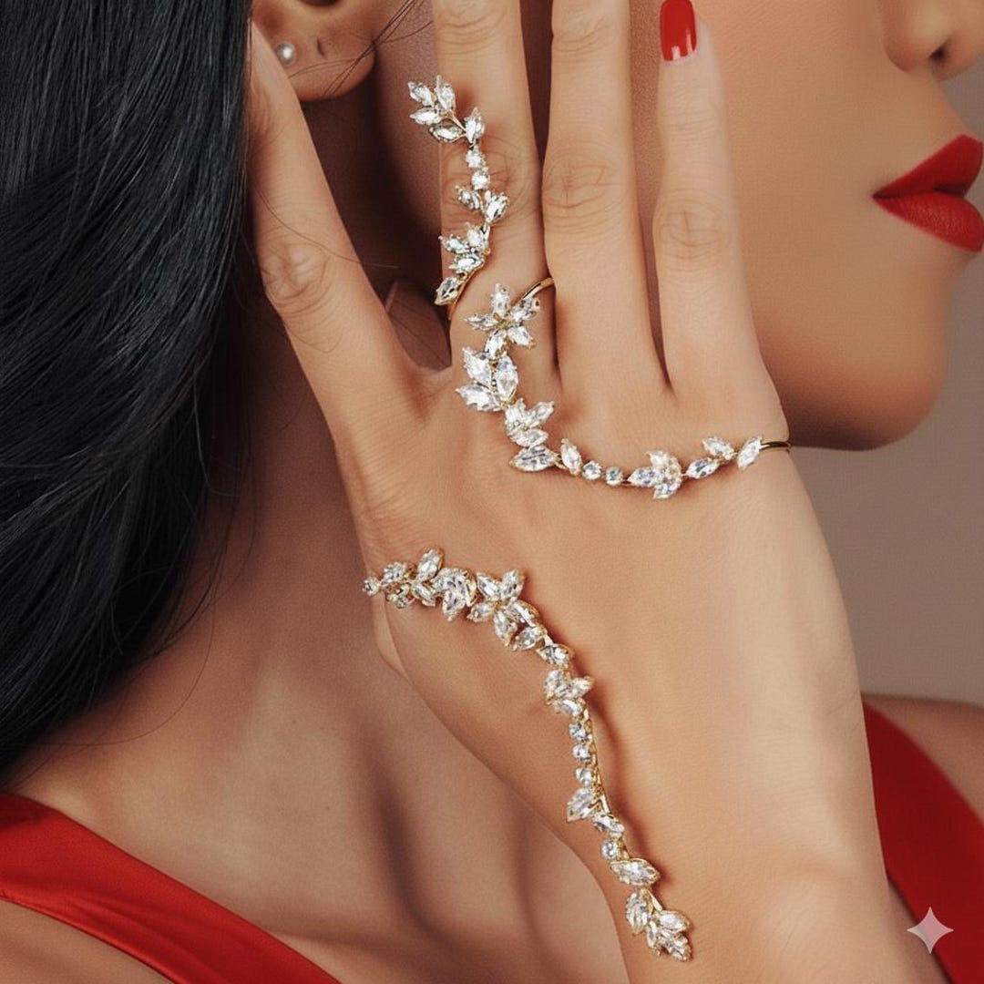 Rhinestone Leaf Hand Chain Bracelet | Bridal Finger Ring Jewelry - Etsy