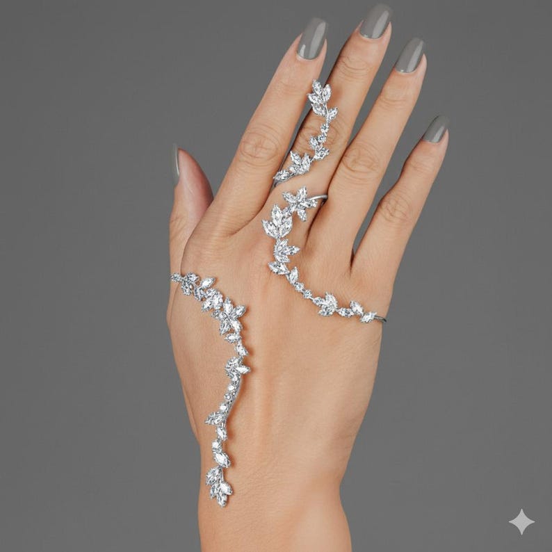 Rhinestone Leaf Hand Chain Bracelet | Bridal Finger Ring Jewelry - Etsy