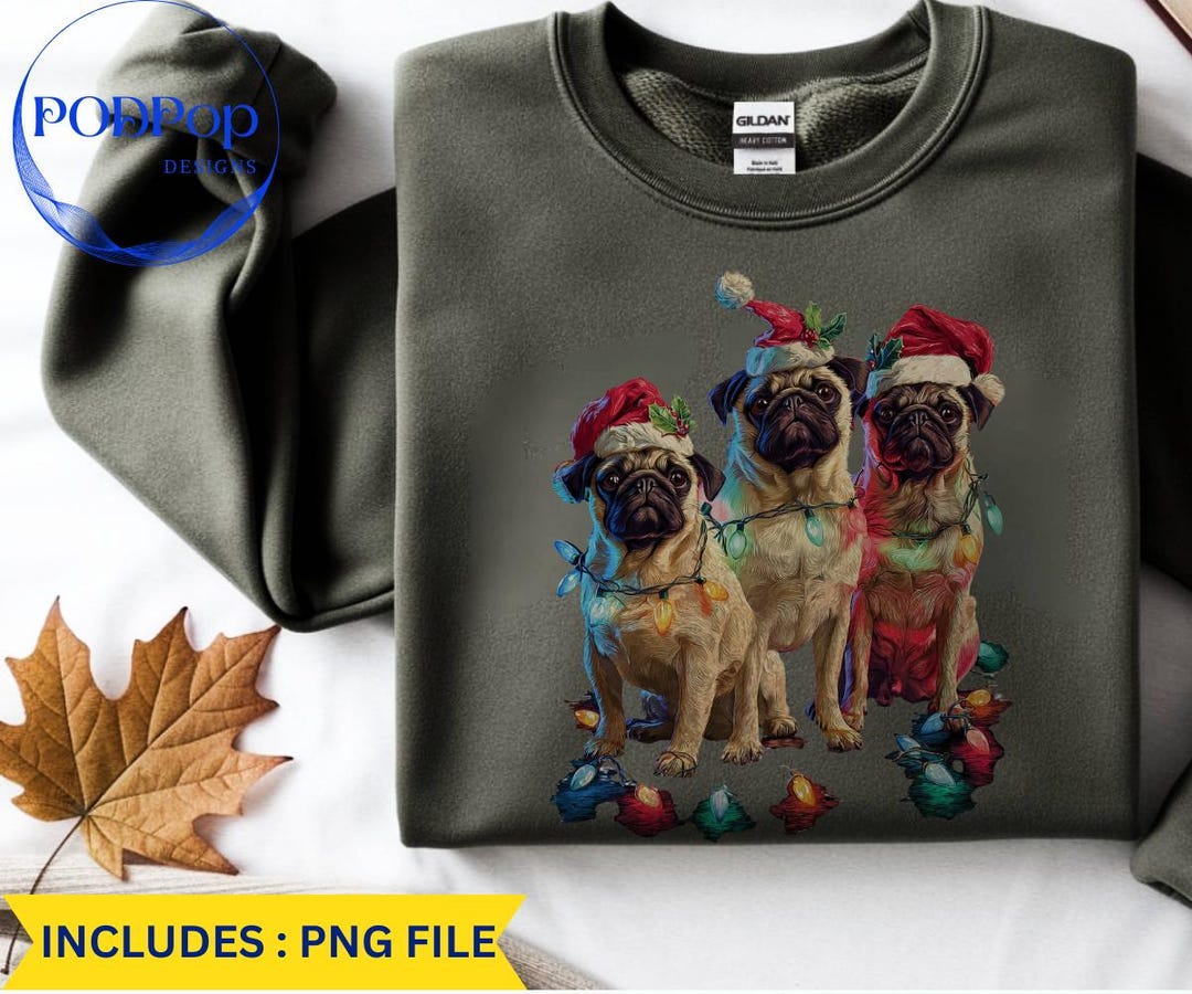 Christmas Pug PNG: Santa Pugs With Lights, Holiday Clipart (digital ...