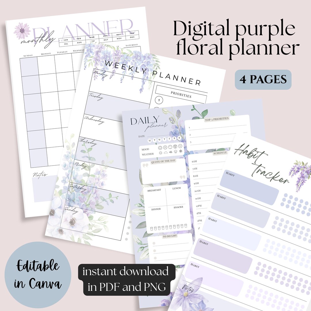 Purple Floral Planner 4 Pages | Edit in Canva | Digital Printables PDF ...