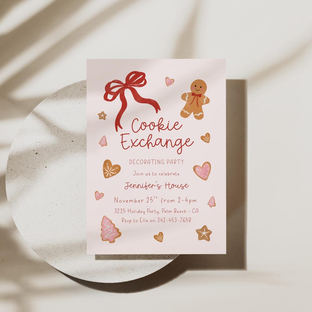 Christmas Cookie Exchange Invitation Template, Gingerbread Pink Red Bow ...