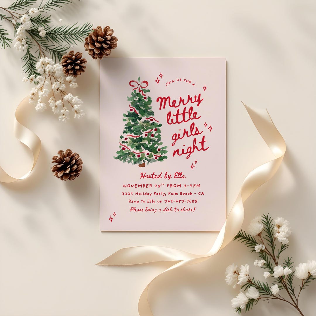 Merry Little Girls Night Dinner Party Invitation, Christmas Holiday ...