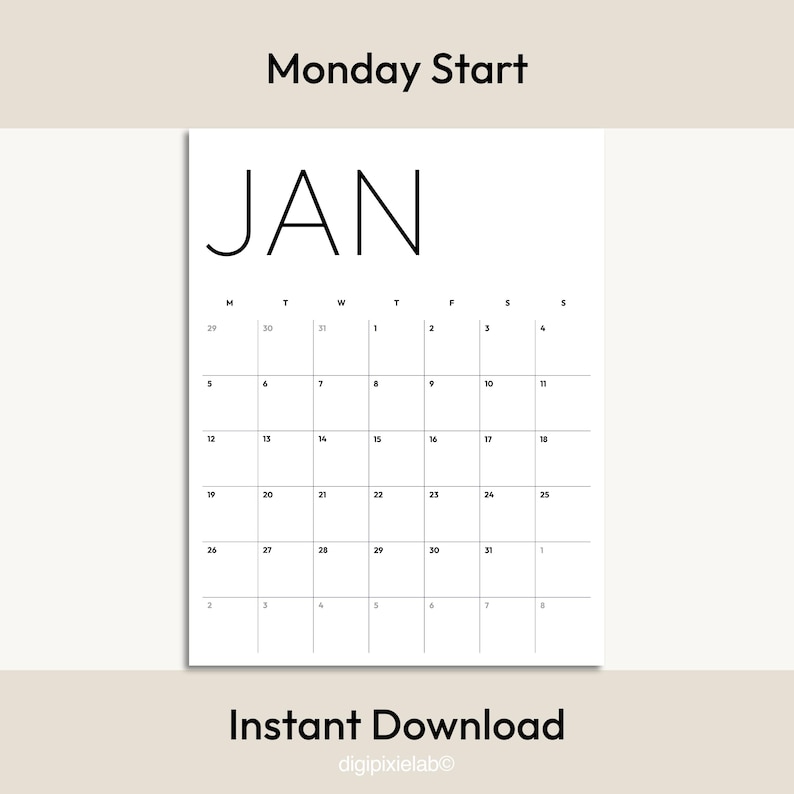 2026 Minimalist Monthly Calendar Printable PDF | A4 and US Letter ...