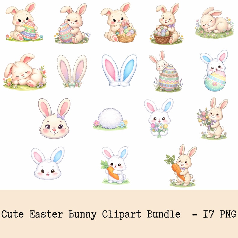 Cute Easter Bunny Clipart Bundle PNG, 17 Bunny Clipart Set, Easter ...