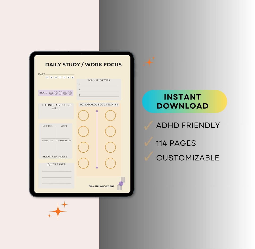 ADHD Study / Work Planner | Printable Digital Planner | Focus ...
