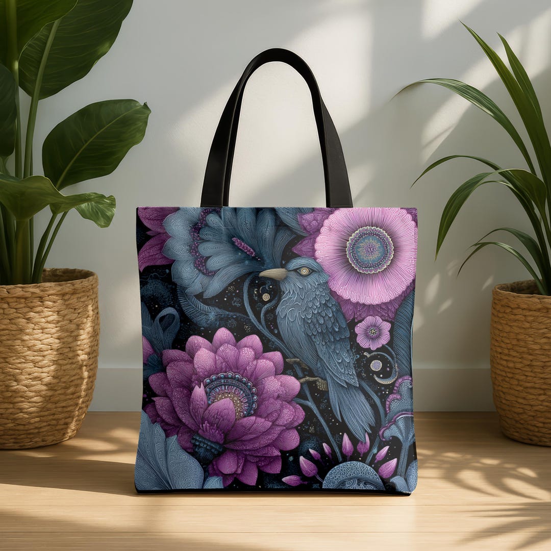 Mystical Raven and Magenta Bloom Tote, Enchanted Garden Shoulder Bag ...