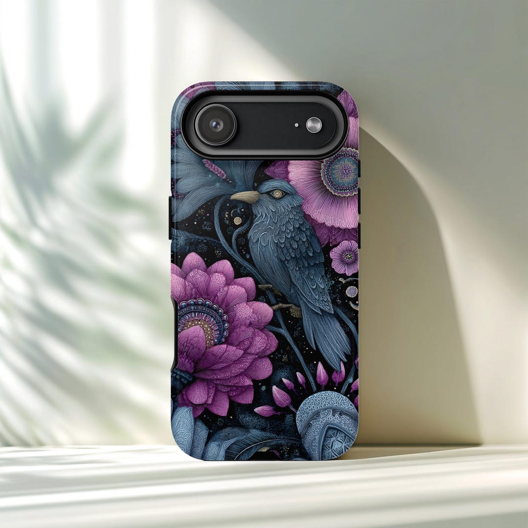 Mystical Raven and Magenta Bloom Tough Phone Case, iPhone 17 16 15 14 ...