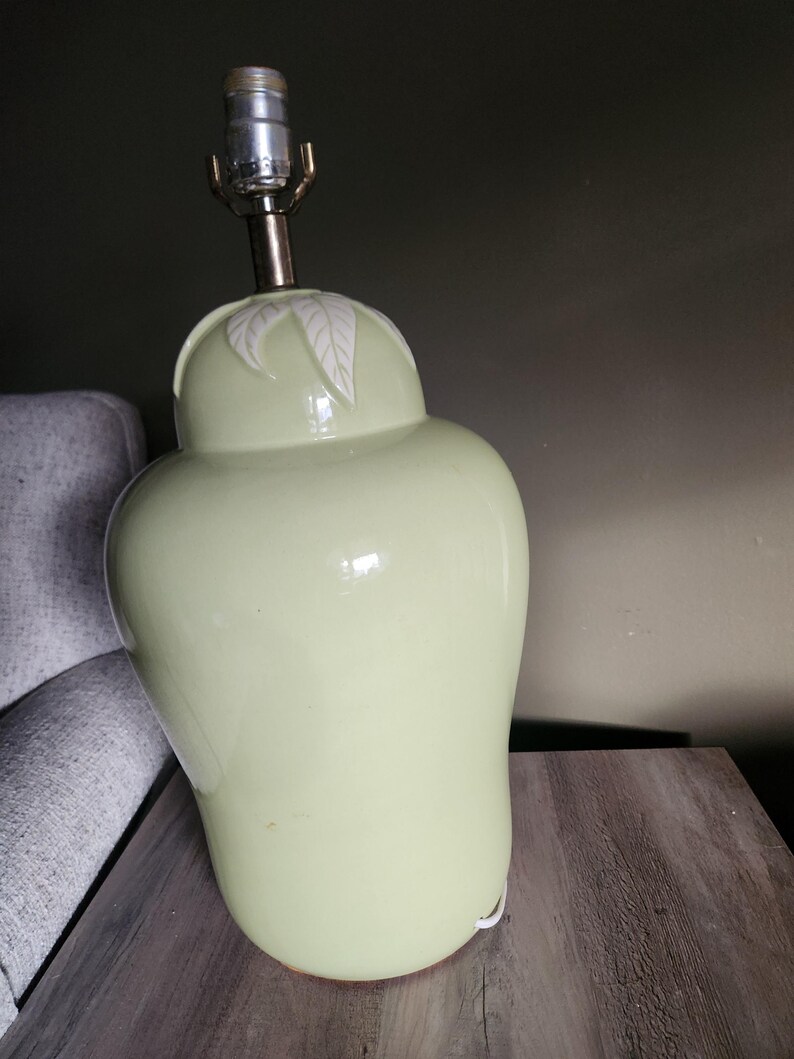 Vintage MCM Celadon Green Ginger Jar Lamp With Raised Flower Floral ...
