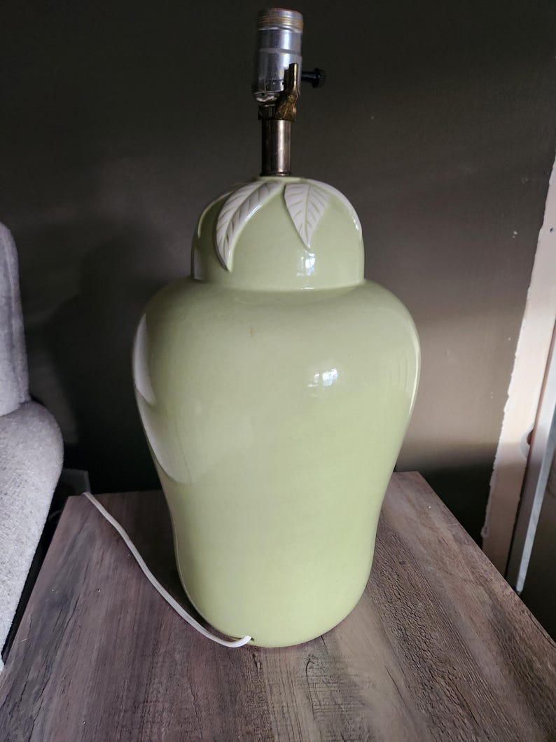 Vintage MCM Celadon Green Ginger Jar Lamp With Raised Flower Floral ...