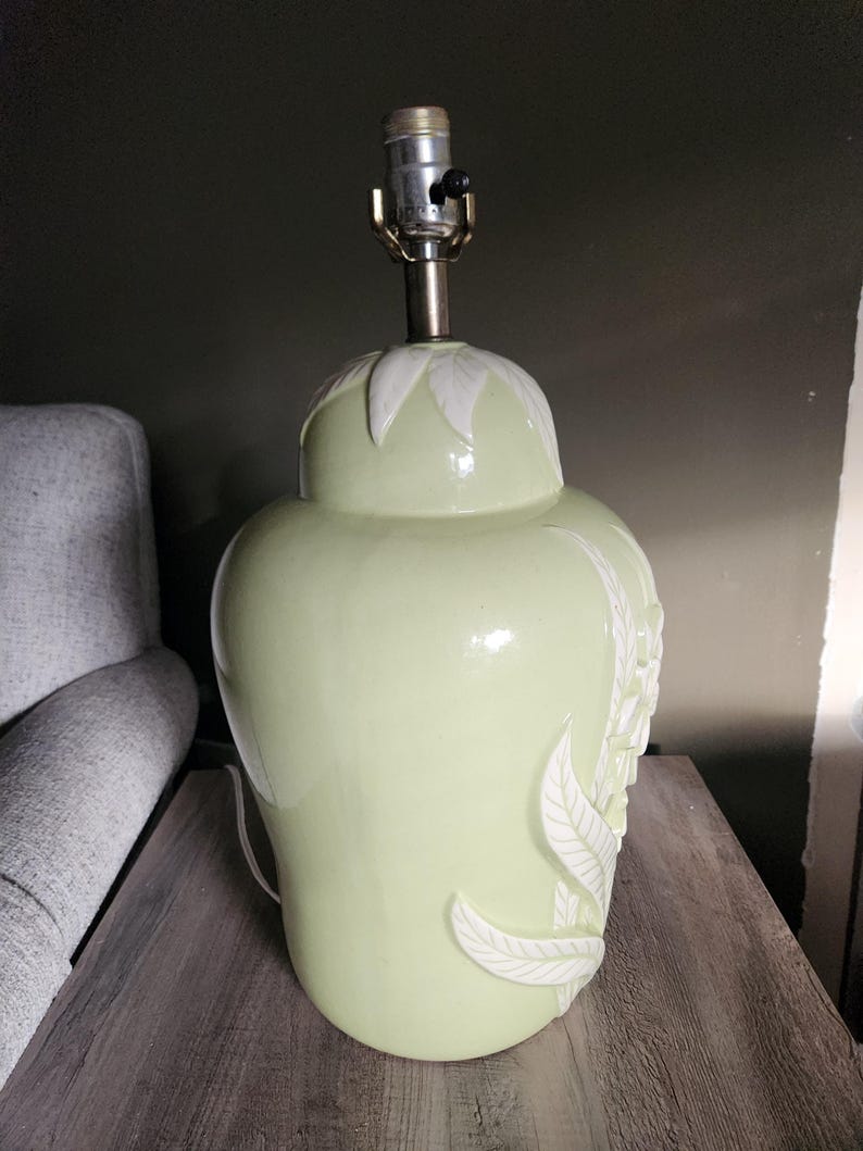 Vintage MCM Celadon Green Ginger Jar Lamp With Raised Flower Floral ...