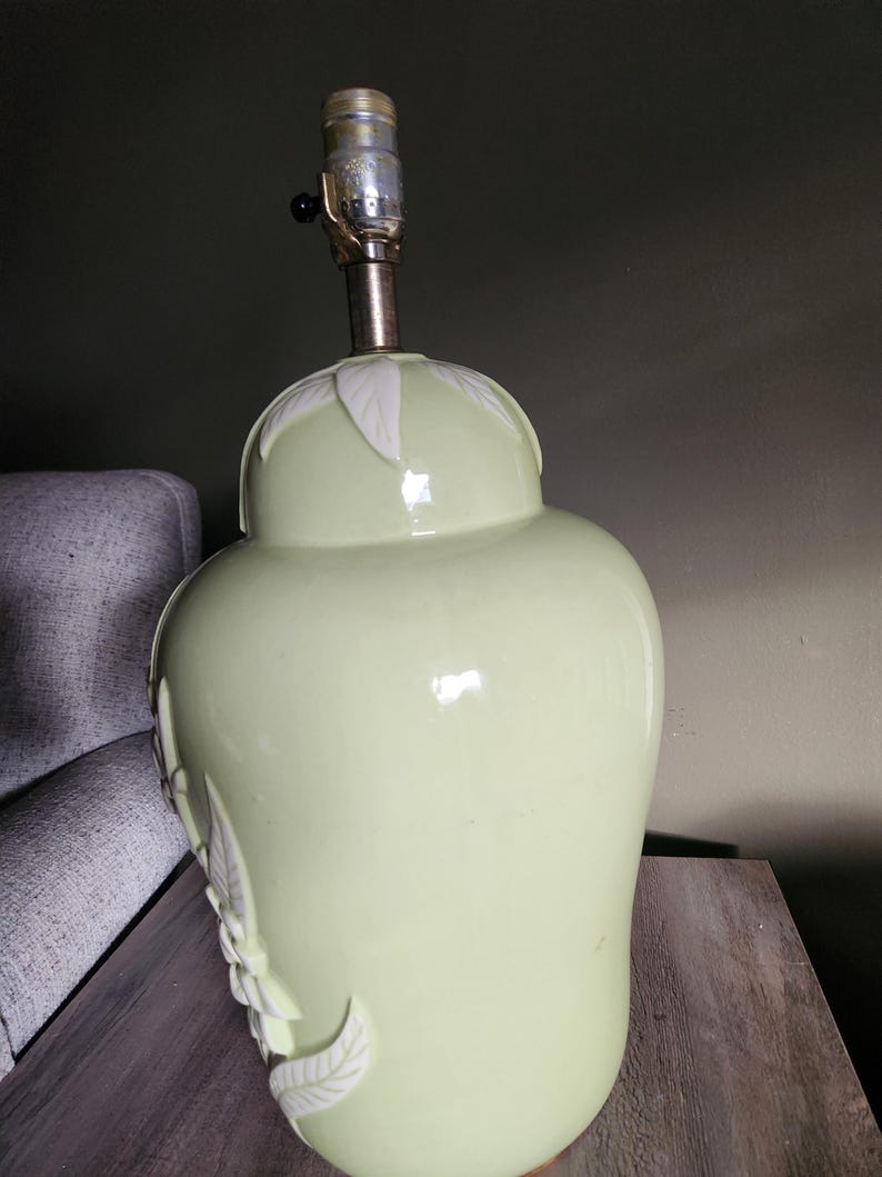 Vintage MCM Celadon Green Ginger Jar Lamp With Raised Flower Floral ...