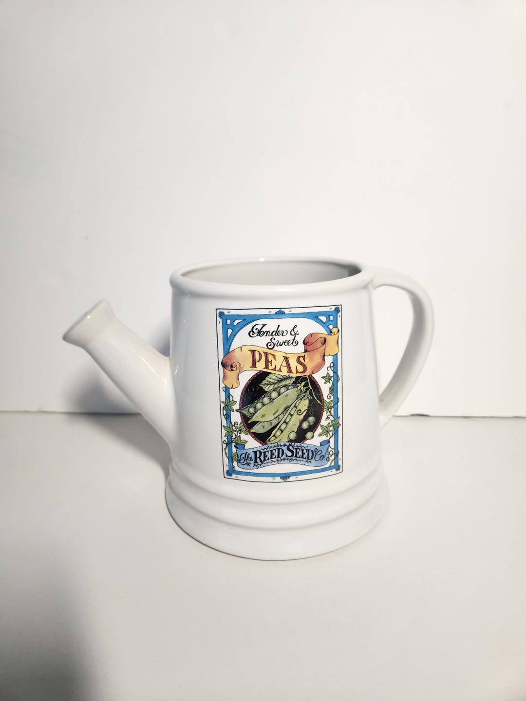 Vintage Harris Pottery Ceramic Reed Seed Company Sweet Pea Watering Can ...
