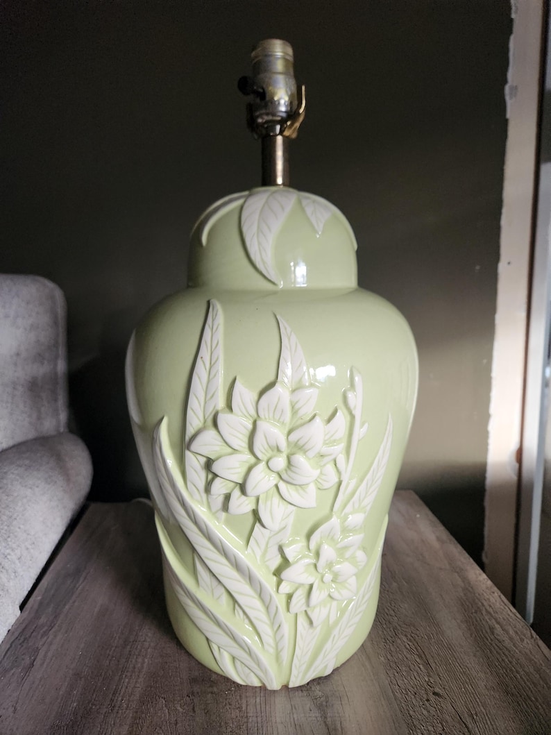 Vintage MCM Celadon Green Ginger Jar Lamp With Raised Flower Floral ...